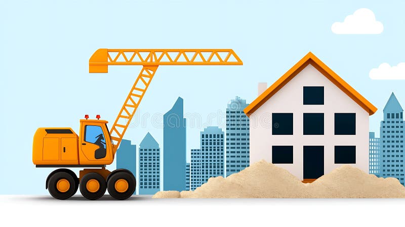 Construction Crane and House Illustration with City Skyline Background ...