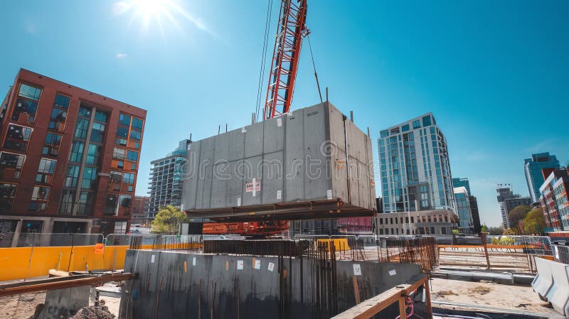 Construction Crane Lifting Concrete Block in Urban Setting. Concept of ...