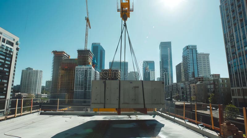 Construction Crane Lifting Concrete Block in Urban Setting. Concept of ...