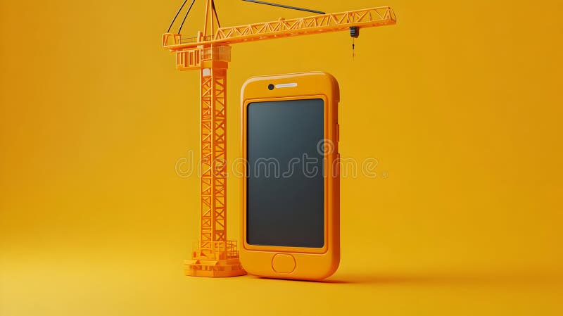 Construction Crane Lifting Mobile Phone Device on Yellow Background ...
