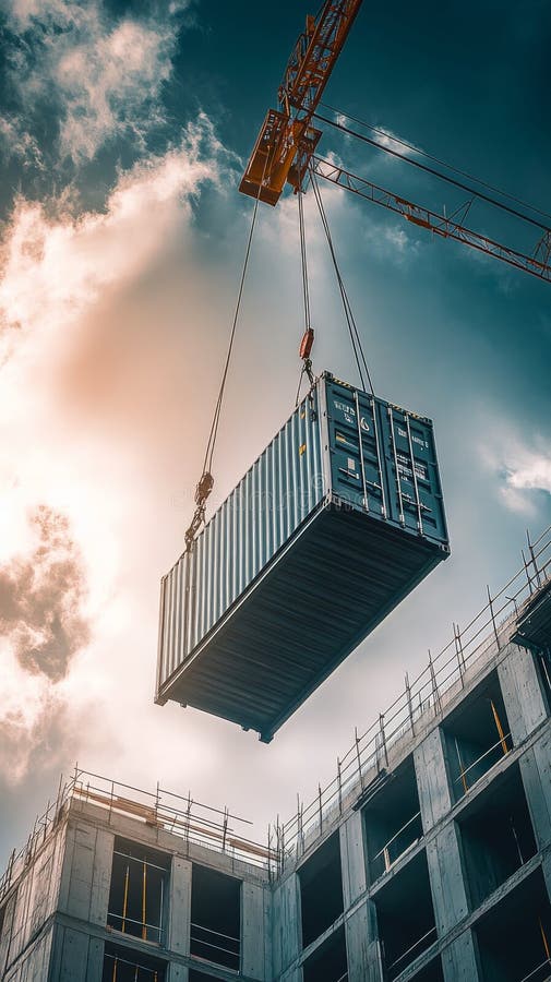 Construction Crane Lifting a Shipping Container at a Building Site ...