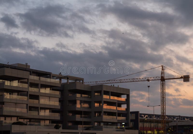 Construction Crane Modern Building at Sunset Editorial Photo - Image of ...