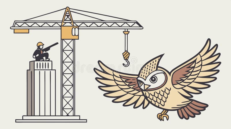 Construction Crane and Owl, Building Technology Nature Illustration Art ...