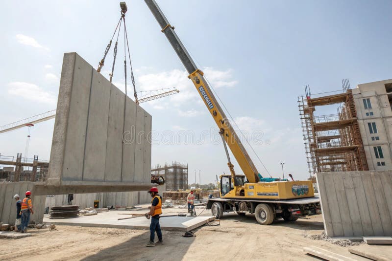 Construction Crane Placing Precast Concrete Panels Stock Illustration ...
