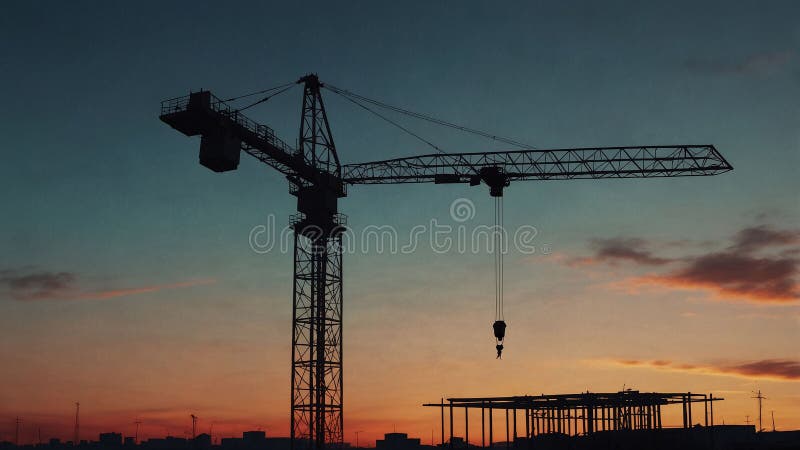 Construction Crane Silhouette at Sunset Over Urban Skyline, Industrial ...