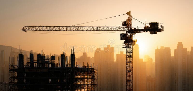 The Construction Crane Silhouetted Against a Stunning Sunset Over the ...