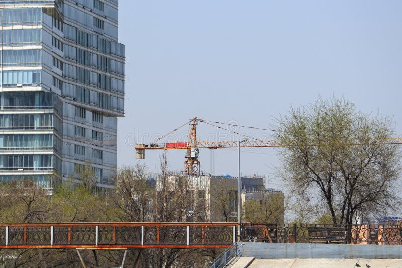 Construction Crane among Thickets of Trees Over a Bridge Next To a ...