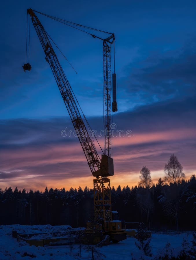 Construction Crane at Twilight, Vertical Photo Stock Illustration - Illustration of structure ...