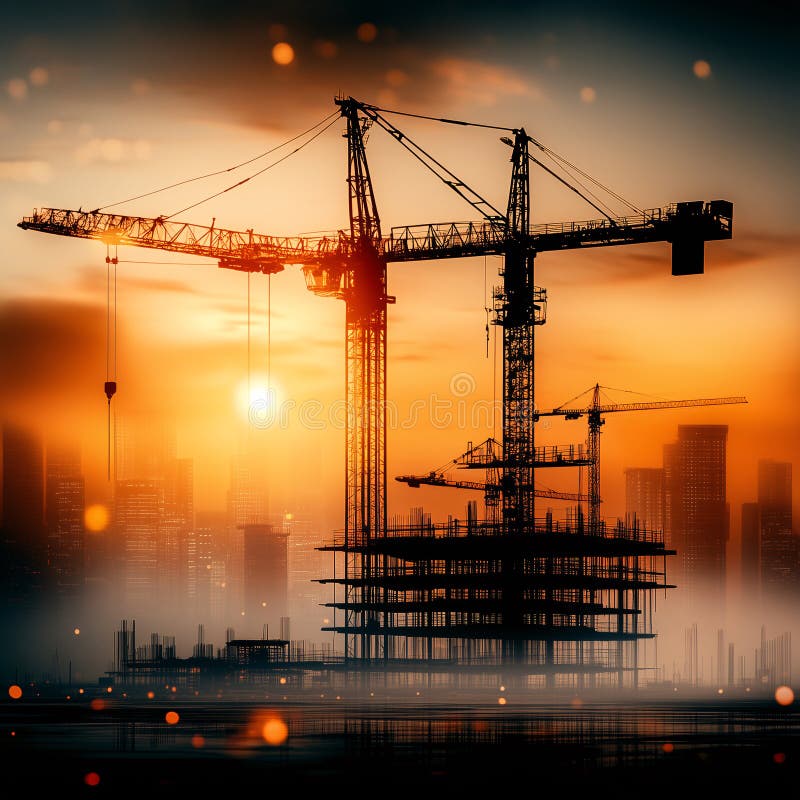 Construction Cranes Building Skyscraper at Sunset in City Skyline Stock ...