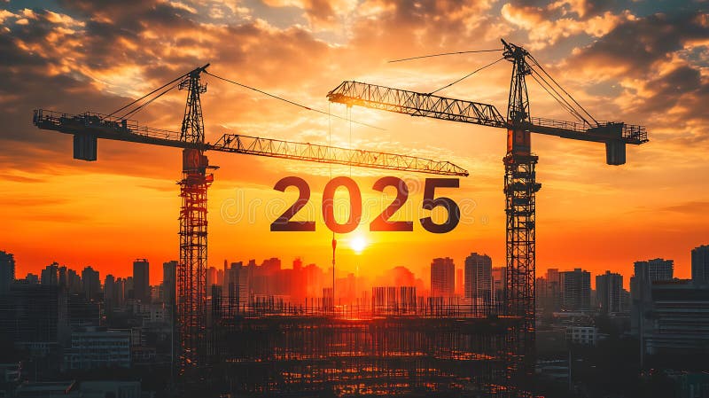 Construction Cranes Building 2025 Vision Against Vibrant Sunset ...