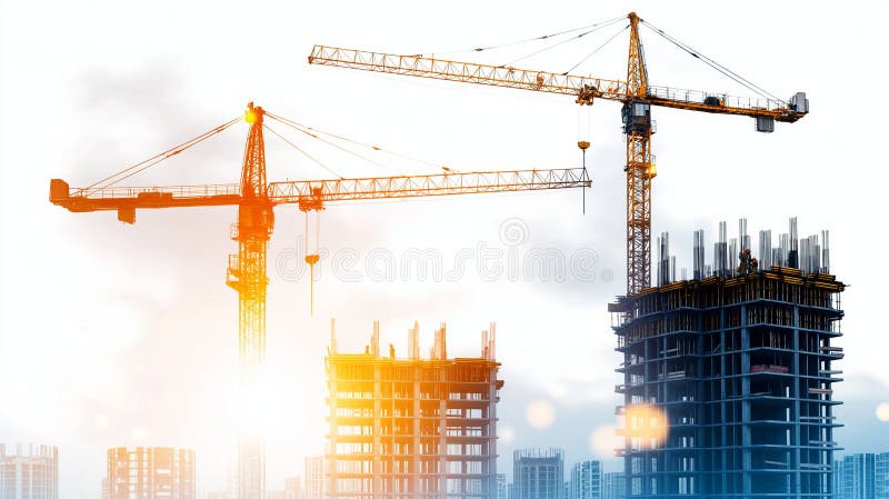 Construction Cranes and Buildings Under Development at Sunset Stock ...