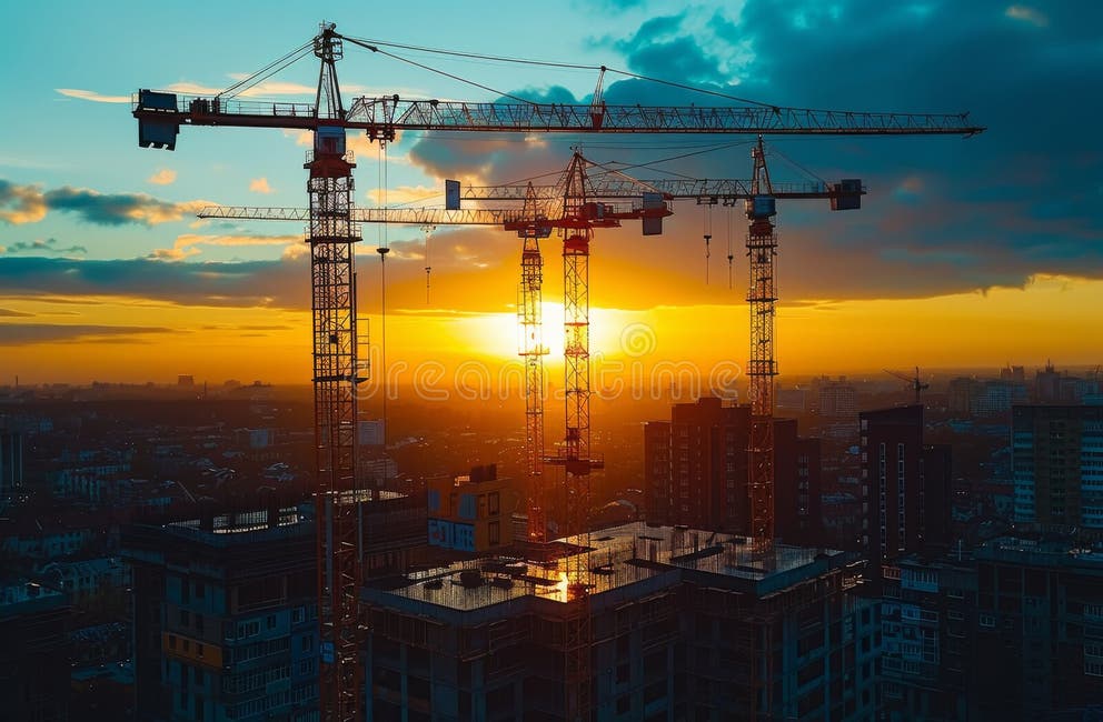Construction Cranes and High-rise Buildings in the Background at Sunset ...