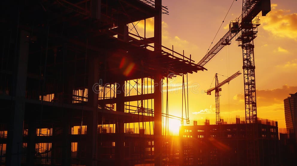 Construction Cranes Lifting Heavy Load on Construction Site Stock Photo ...