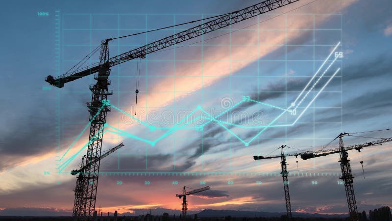 Construction Cranes at Sunset with Graphs of Building Work Progress. 3D ...