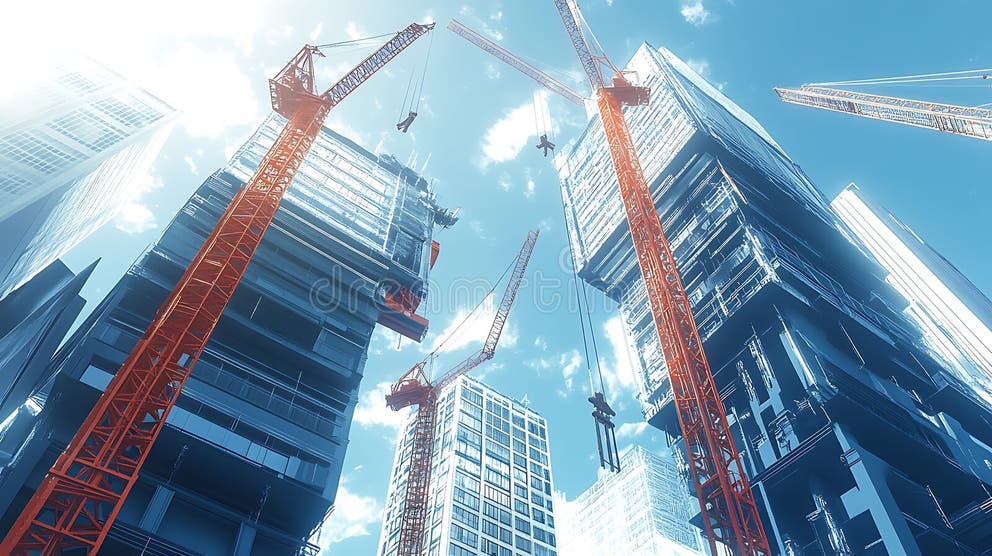 Construction Cranes Towering Over Modern Skyscrapers Stock Illustration ...