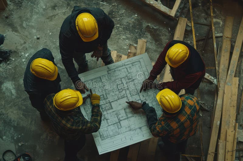 Construction Crew Analyzing Blueprints on Worksite Stock Photo - Image ...