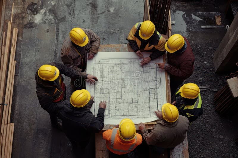 Construction Crew Analyzing Blueprints on Worksite Stock Image - Image ...