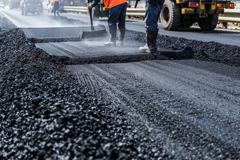 Construction Crew Applying Fresh Asphalt on a Bustling Highway with ...