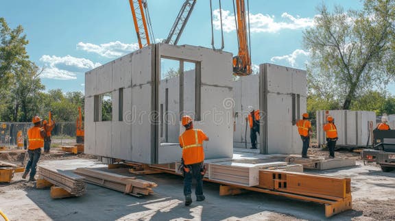 Construction Crew Assembling Precast Modular Components on Site Stock ...