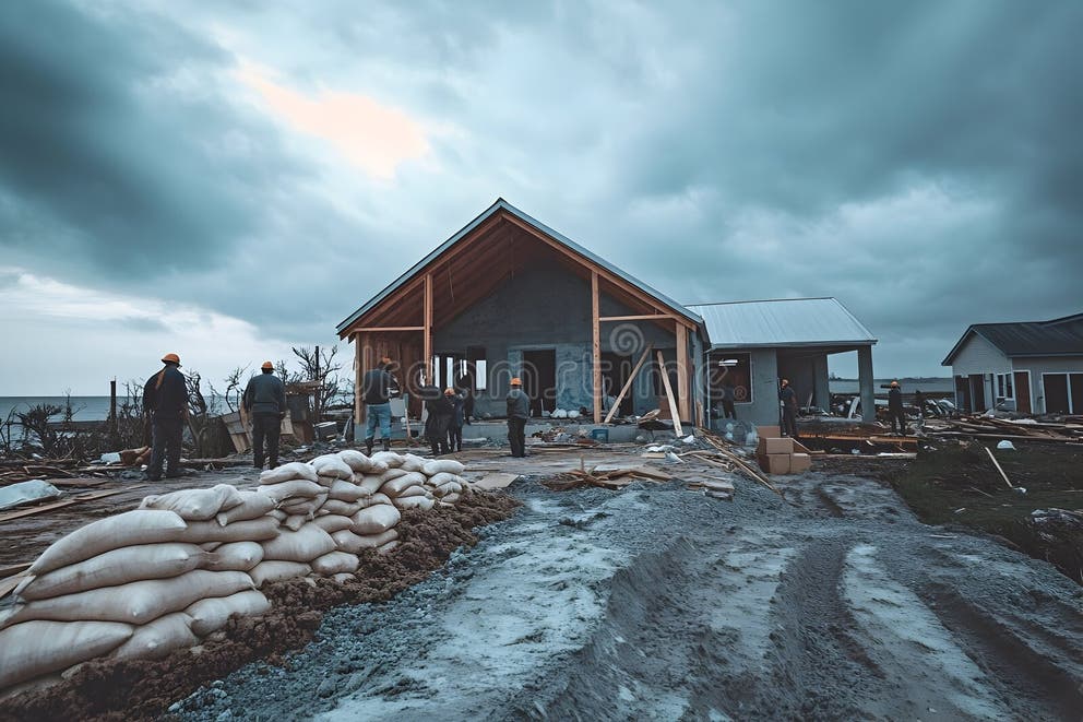 Construction Crew Building Coastal Home Under Cloudy Sky Stock Photo ...