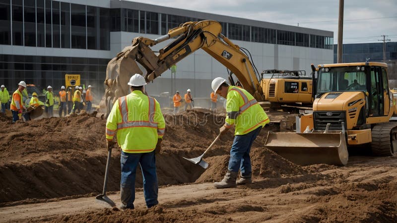 Construction Crew Digging Trenches for Utility Installation at a ...