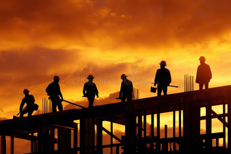 Construction Crew Framing House at Upper Level Under Dramatic Sunset ...