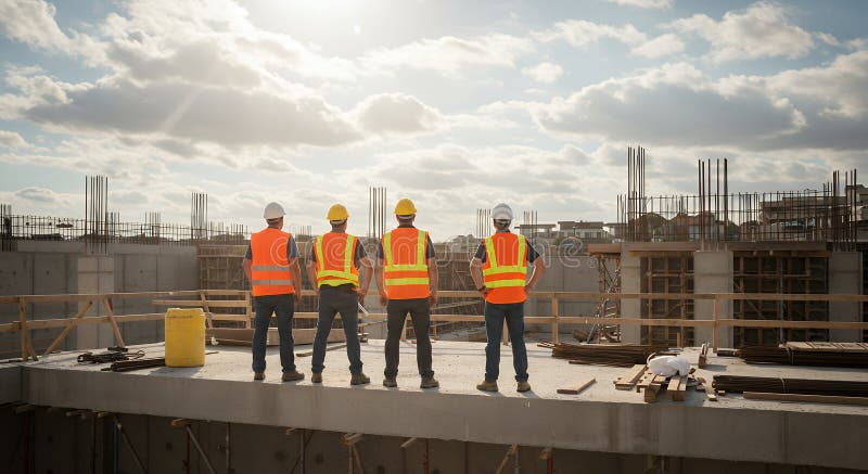 Construction Crew Inspecting Progress Hard Hats, Safety Vests, Building Site. Teamwork, Progress ...