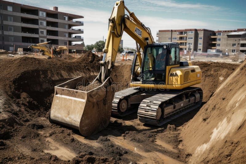 A Construction Crew Operating a Backhoe To Excavate Soil in a ...