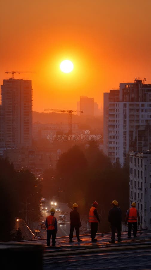 Construction Crew Views Cityscape at Sunset, Cranes and Buildings in ...