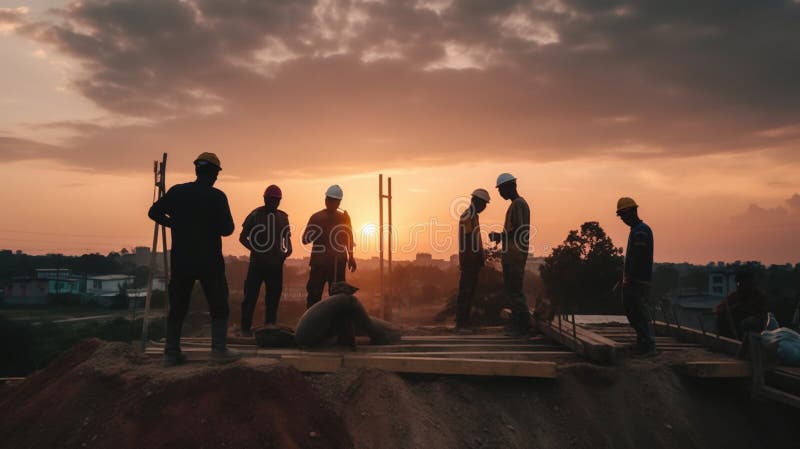 Construction Crew Working Against Sunset Pastel Sky Stock Illustration ...