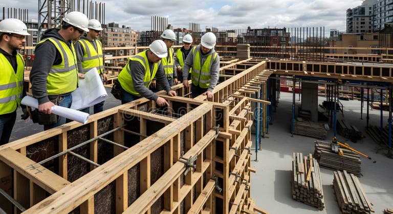 Construction Crew Working on Building Framework Stock Illustration ...