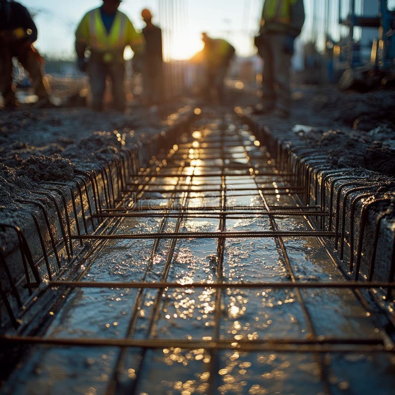 Construction Crew Working on a Foundation at Sunrise with Rebar. Stock ...