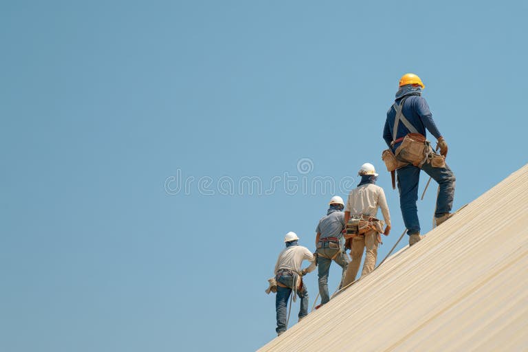 Construction Crew Working at Height Assembling Roof with Clear Sky in ...