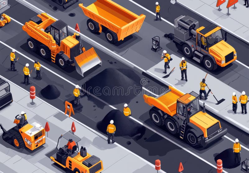 Construction Crew Working with Machinery on Urban Road Development Site Stock Photo - Image of ...