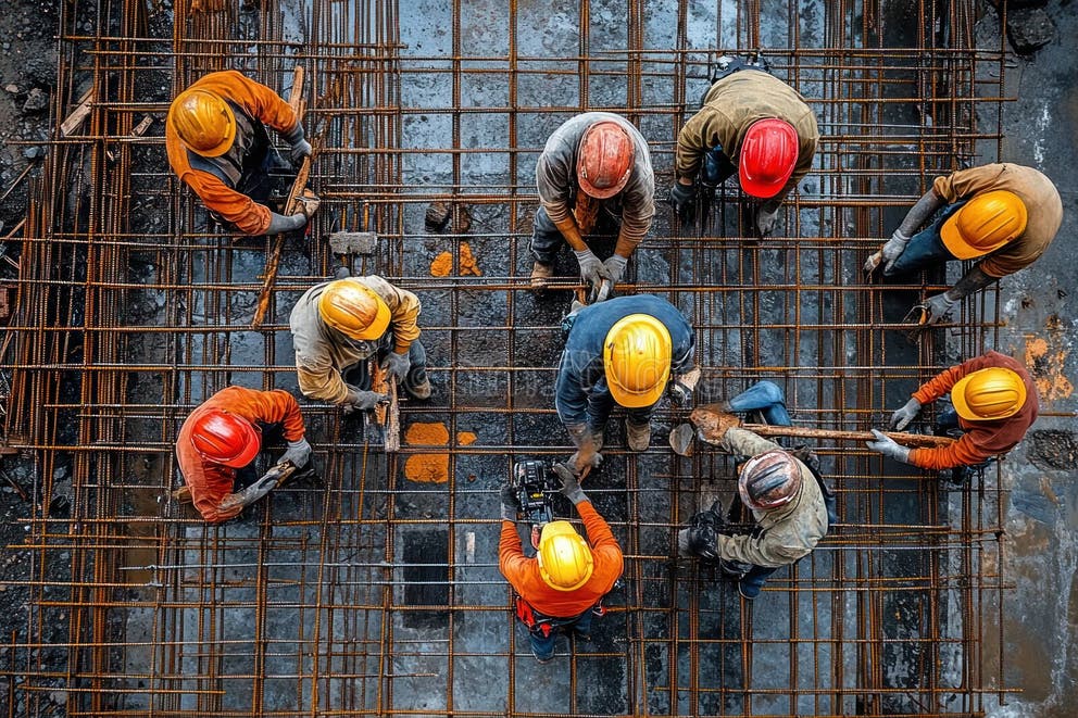Construction Crew Working on Site from Above - Top View of Group of ...
