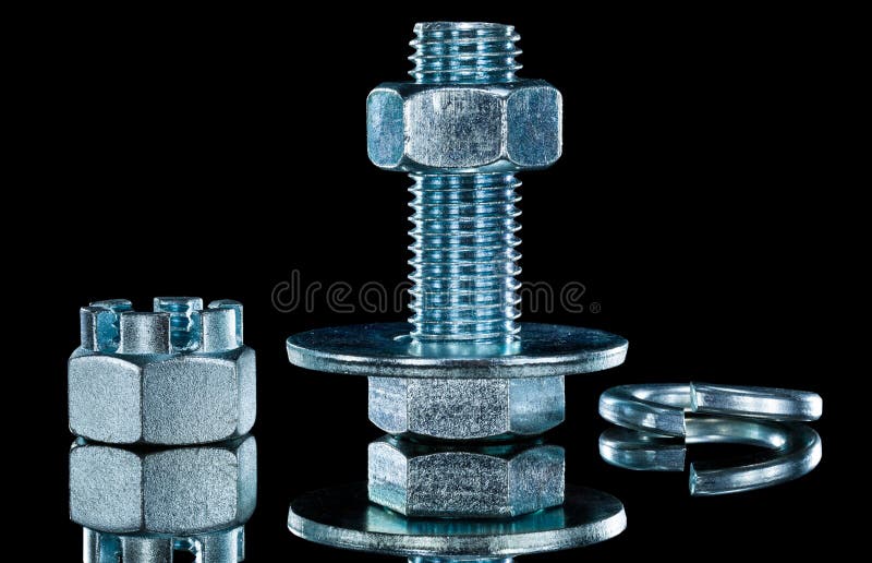 Threaded Crown Nuts Bolts on Black Background Horizontal View Stock ...