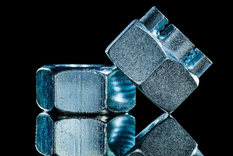 Threaded Crown Nuts Bolts on Black Background Horizontal View Stock ...