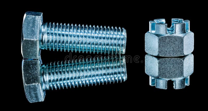 Threaded Crown Nuts Bolts on Black Background Horizontal View Stock ...