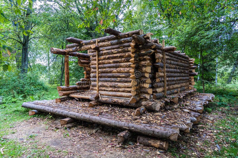 Construction of Cut Logs on Log Foundations Stock Image - Image of ...