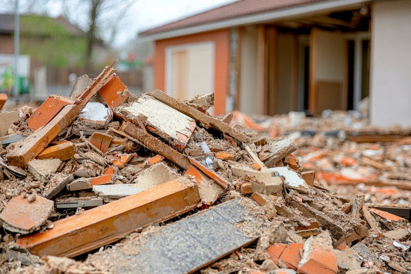 Construction Debris Including Bricks, Wood, and Concrete Piled Up in ...