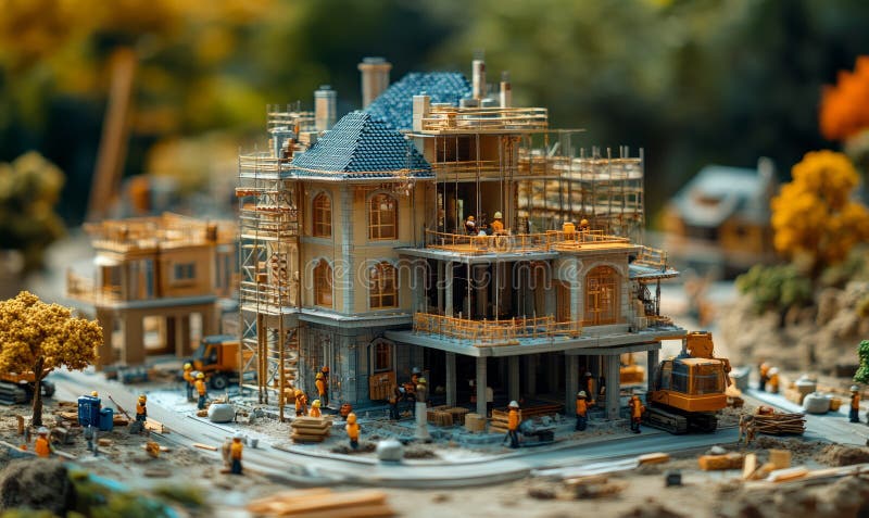 Construction of a Detailed Miniature Mansion with Workers and Equipment ...