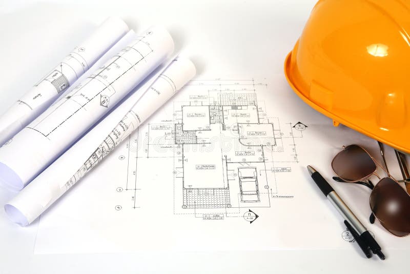 Construction Drawing Blueprints Stock Photo - Image of drafting ...