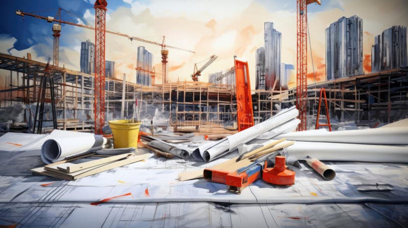 Construction Drawings on the Background of the Construction Site Stock ...