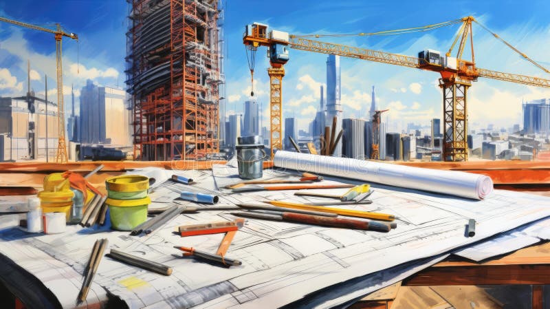 Construction Drawings on the Background of the Construction Site Stock ...