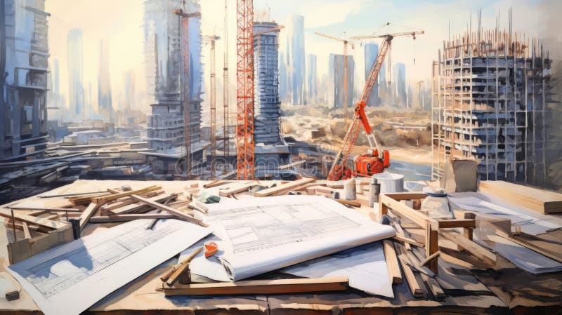 Construction Drawings on the Background of the Construction Site Stock ...