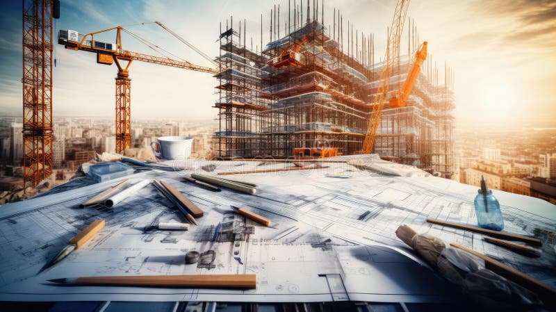 Construction Drawings on the Background of the Construction Site Stock ...