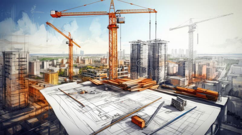 Construction Drawings on the Background of the Construction Site Stock ...