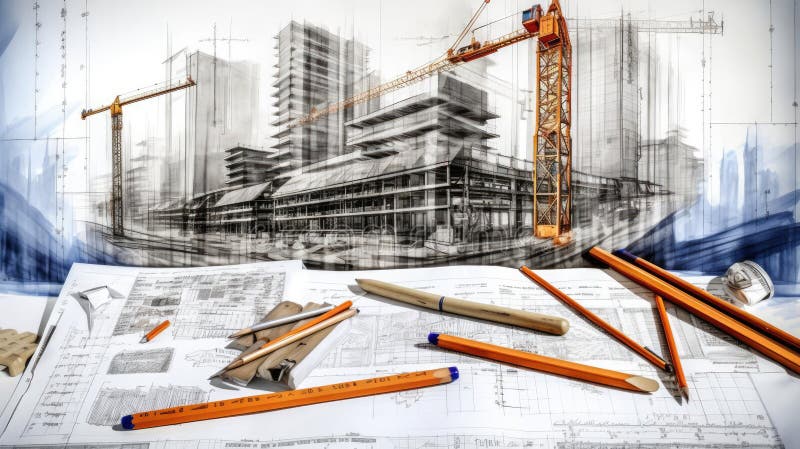 Construction Drawings on the Background of the Construction Site Stock ...