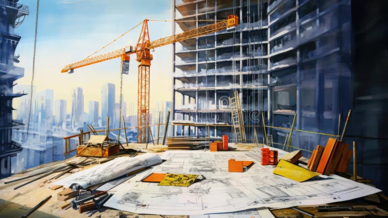 Construction Drawings on the Background of the Construction Site Stock ...