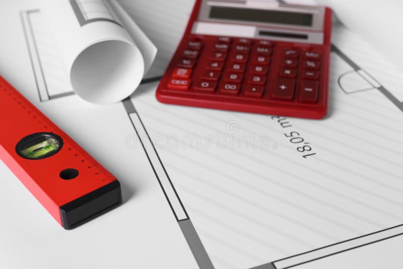 Construction Drawings, Calculator and Ruler, Closeup View Stock Image ...